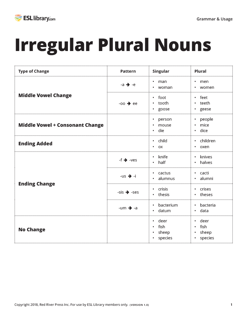 Irregular Plural Nouns ESL Library Blog